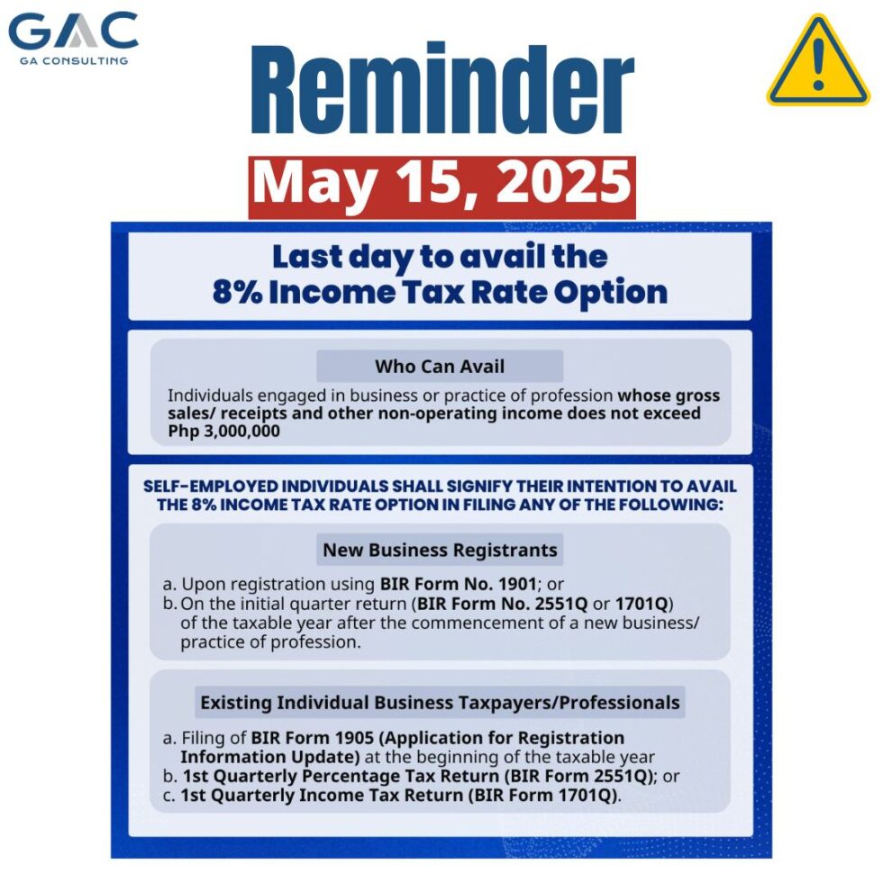 Last Day to Avail the 8% Income Tax Rate Option: May 15, 2025