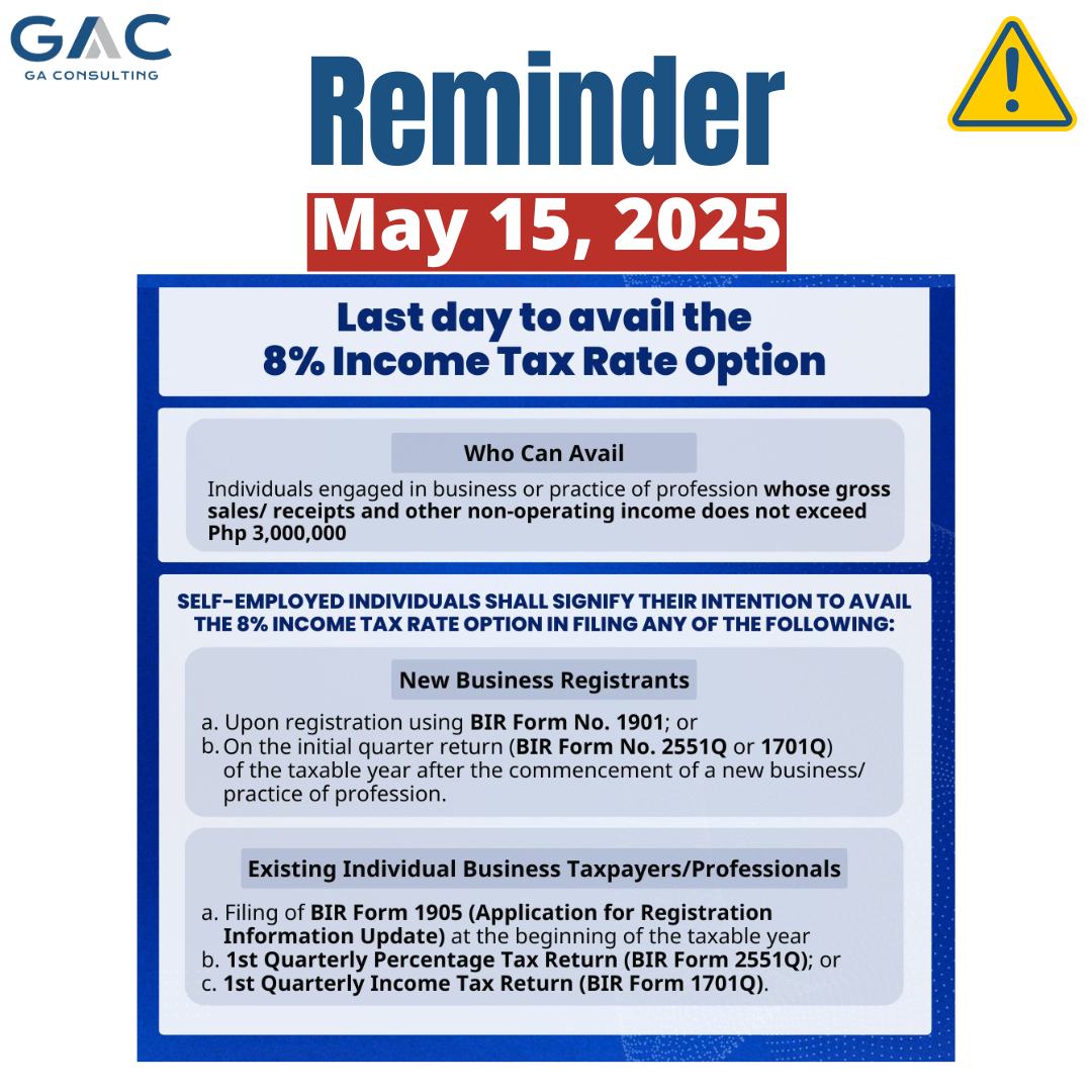 Last Day to Avail the 8% Income Tax Rate Option: May 15, 2025